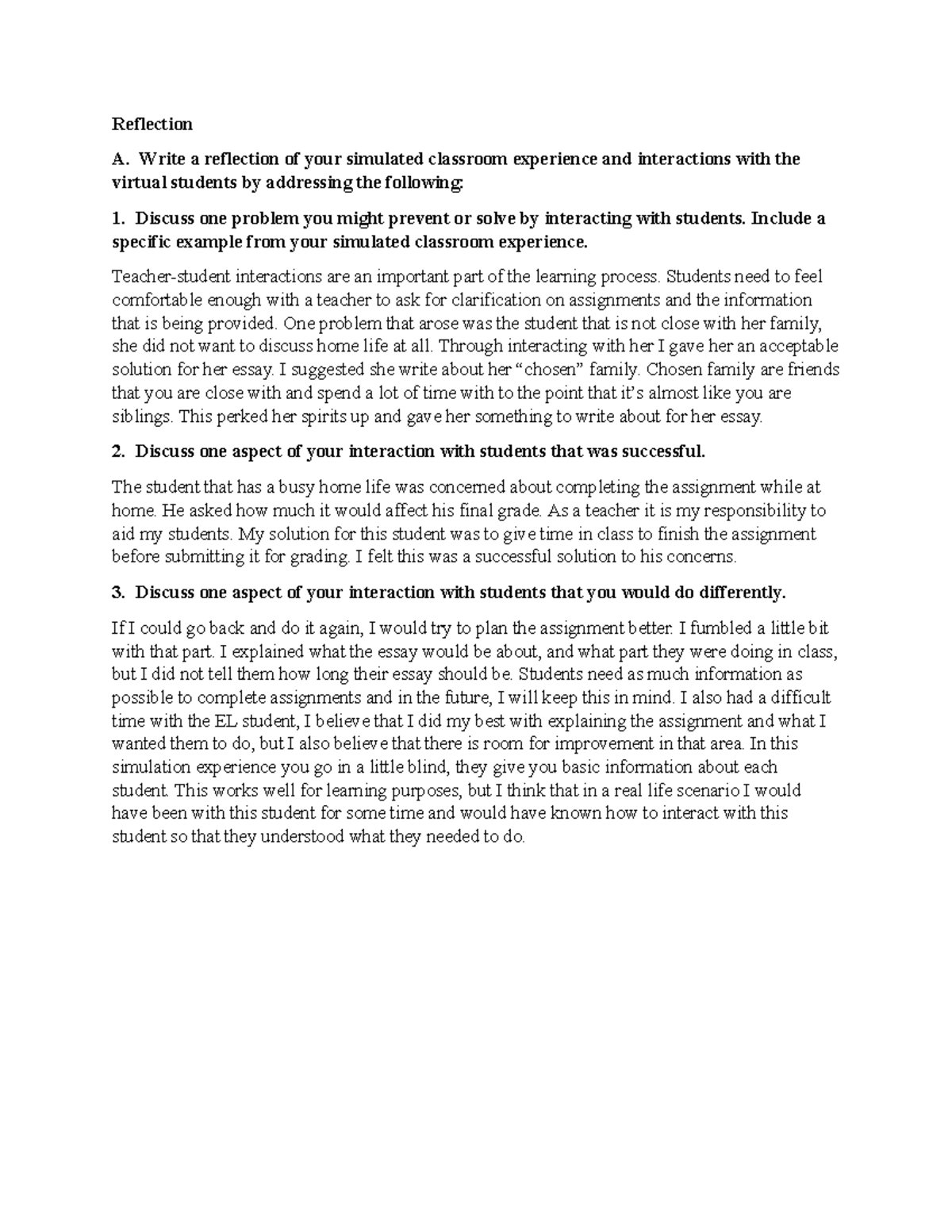 EDU 101: Reflection on Virtual Classroom Simulation Experience - Studocu