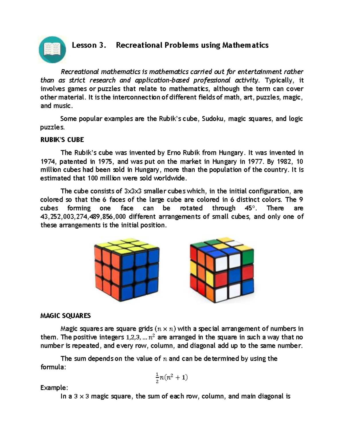 Lesson 3: Exploring Recreational Mathematics Techniques - Studocu