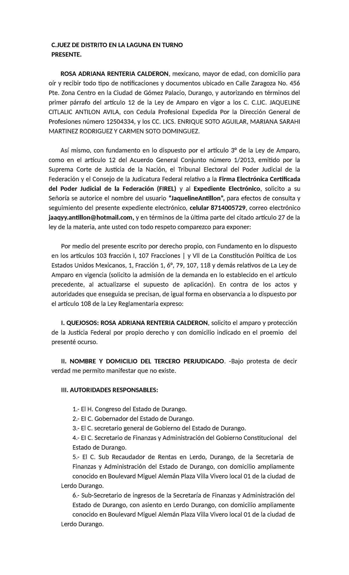 Amparo 2026: Solicitud de Devolución de Impuestos en Durango - Studocu