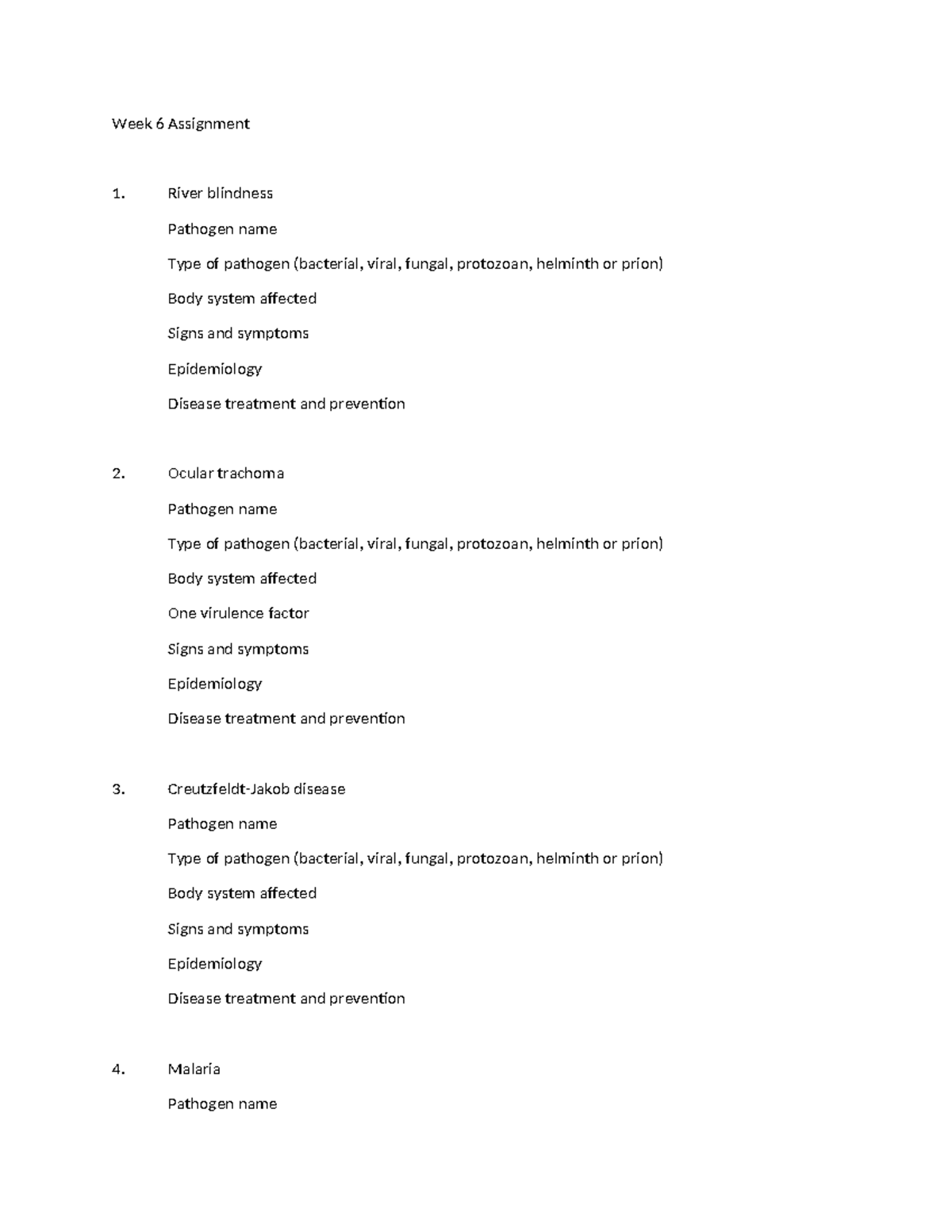 Week 6 Assignment: Pathogens, Diseases, and Treatments Overview - Studocu