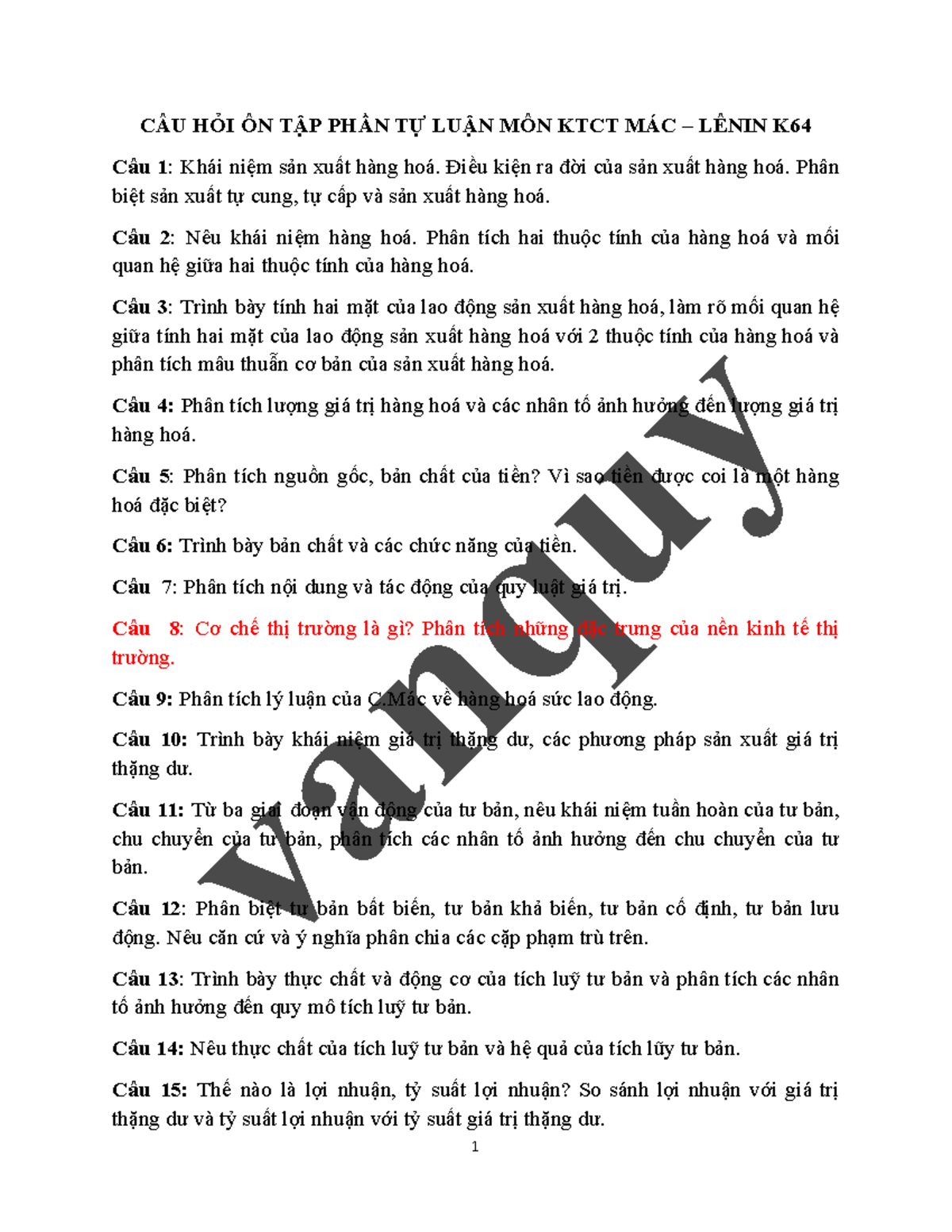 KTCT-K64 - Đề cương ôn tập Mác - Lênin môn KTCT đại cương - Studocu