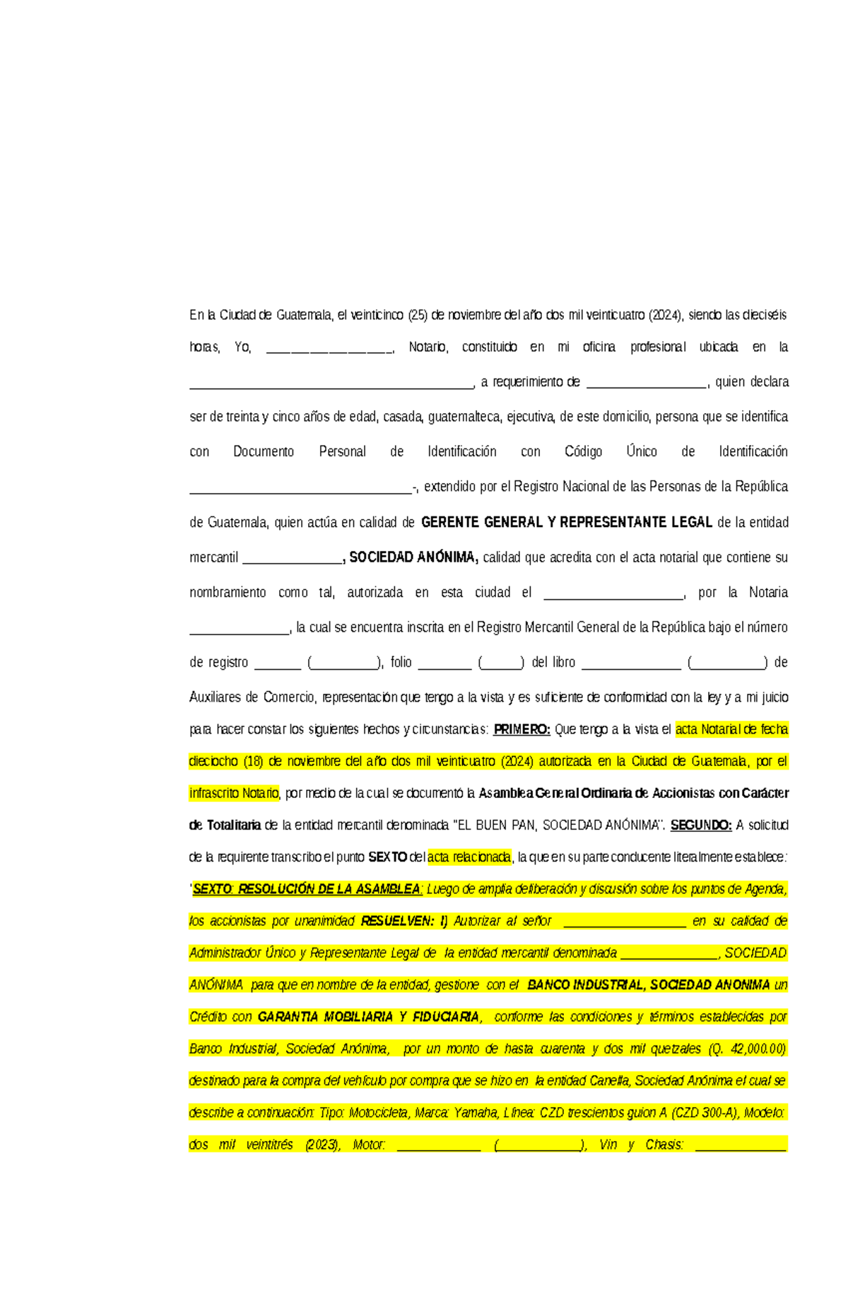 Minuta ACTA Notarial de Resolutivo de Asamblea - Crédito Bancario 2024 ...