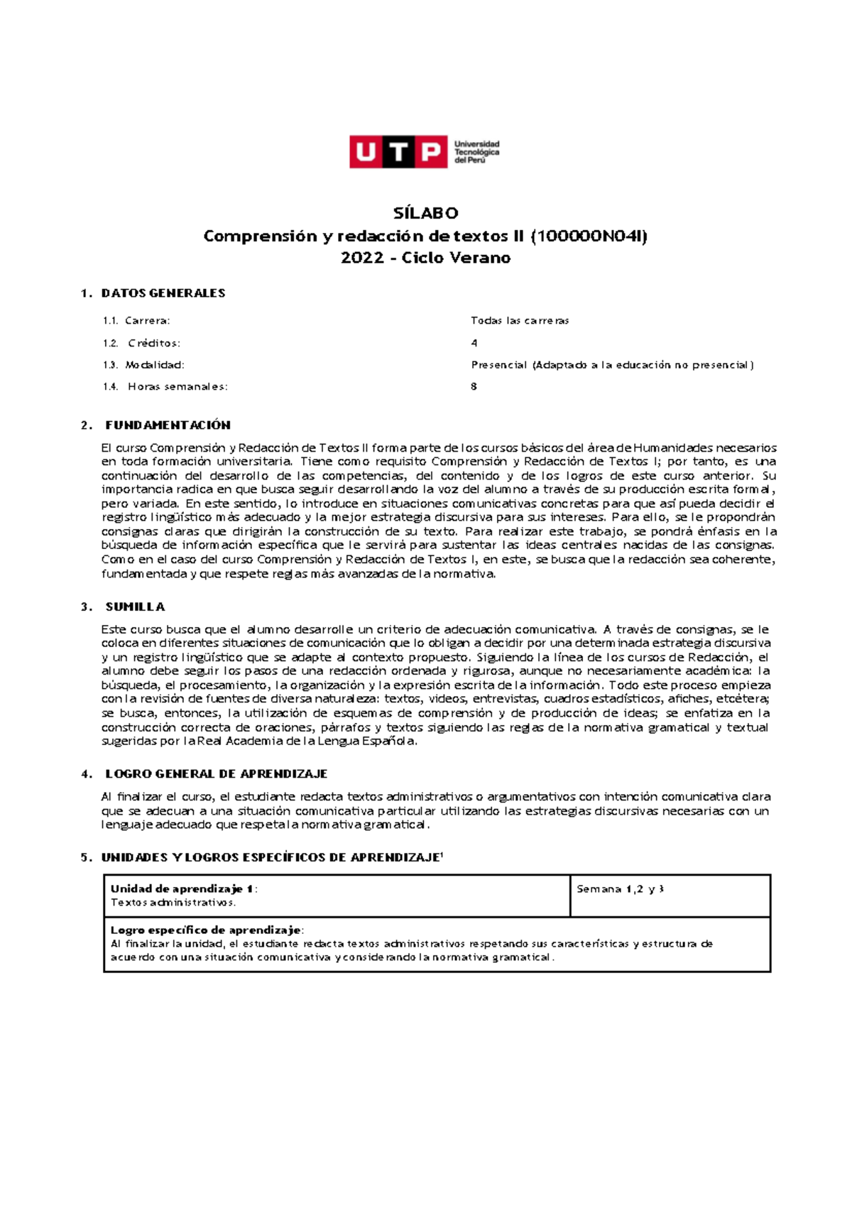 100000 N04I Comprension YRedaccion De Textos Ii - SÍLABO Comprensión y redacción de textos II ...