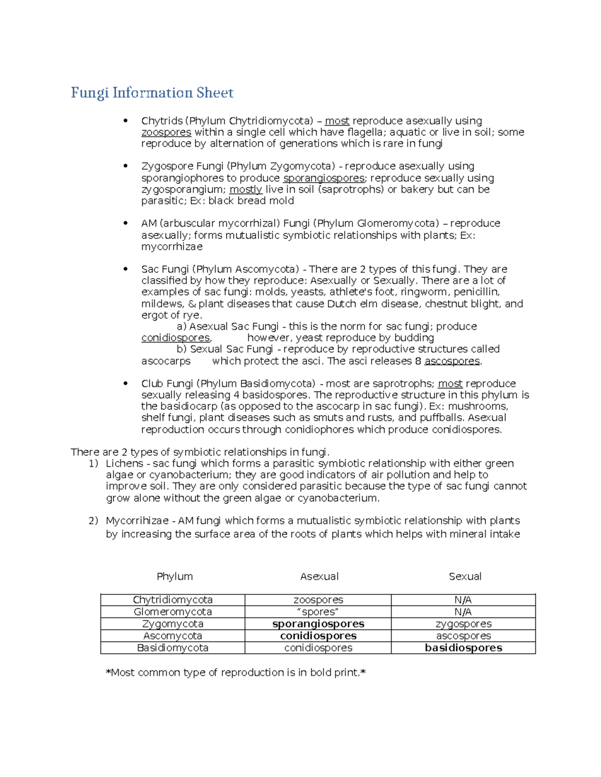 Fungi Outline for Biology Class: Phylum Characteristics and ...