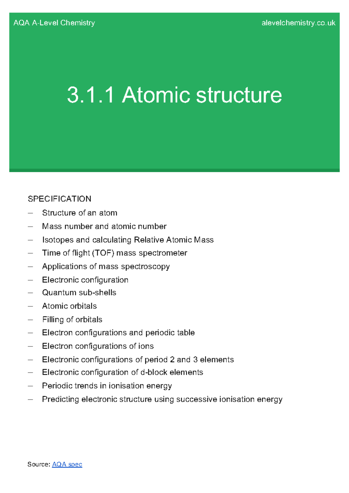 AQA A-Level Chemistry: Atomic Structure and Electron Configurations ...