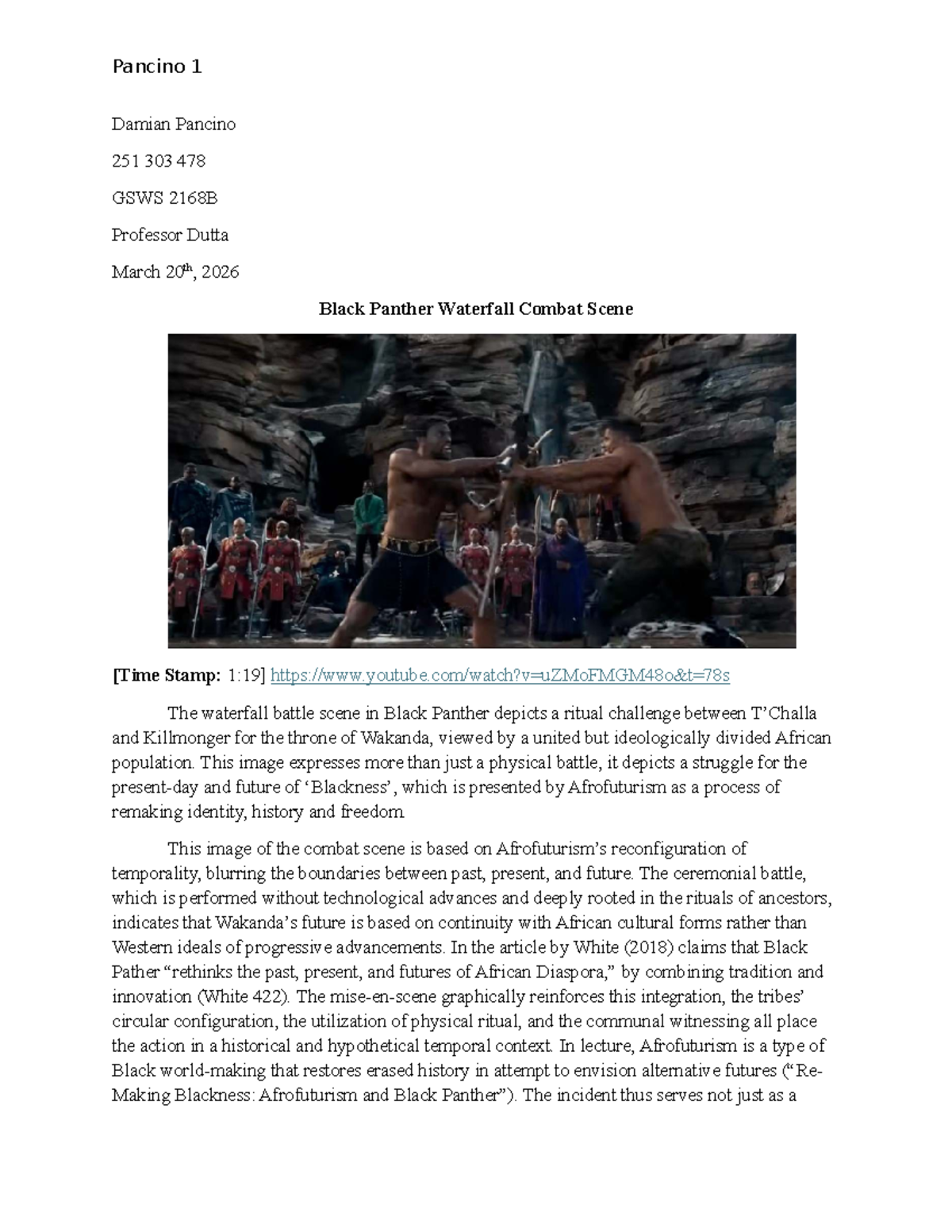 GSWS 2168B Short Analysis: Black Panther's Waterfall Combat Scene - Studocu