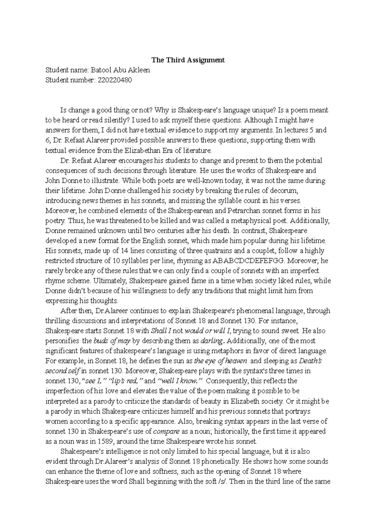 ENG 201: The Third Assignment - Analyzing Shakespeare & Donne - Studocu