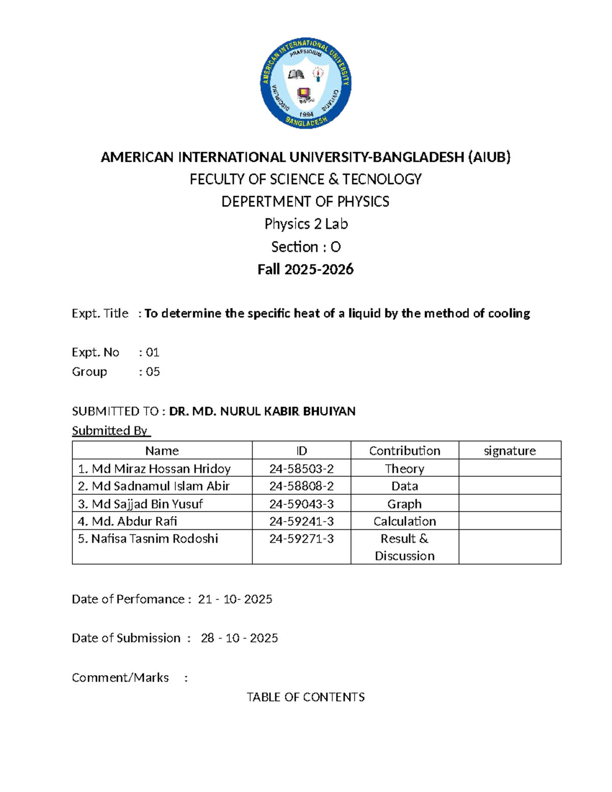 Physics 2 Lab Report: Specific Heat Determination by Cooling Method ...