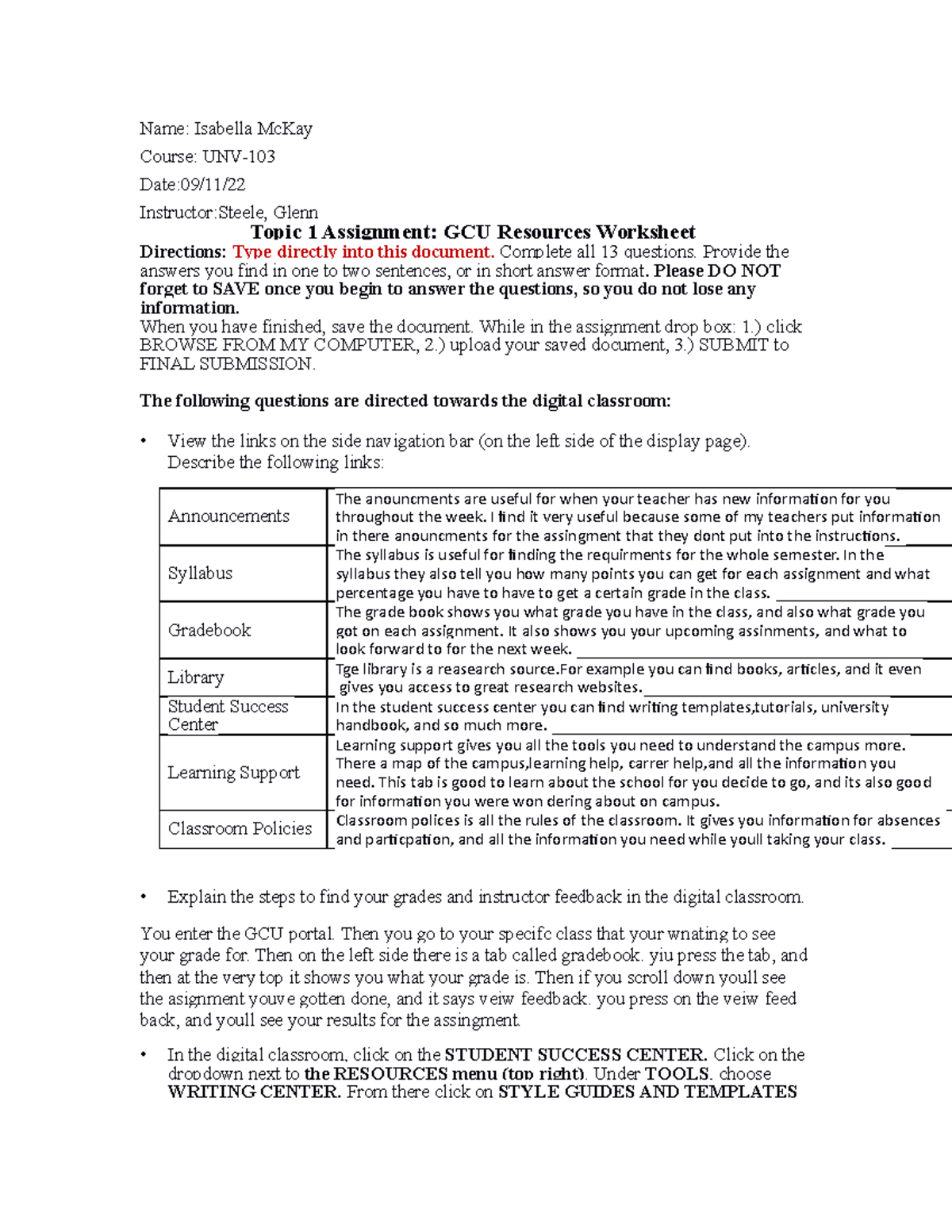 GCU worksheet - Name: Isabella McKay Course: UNV- Date:09/11 ...