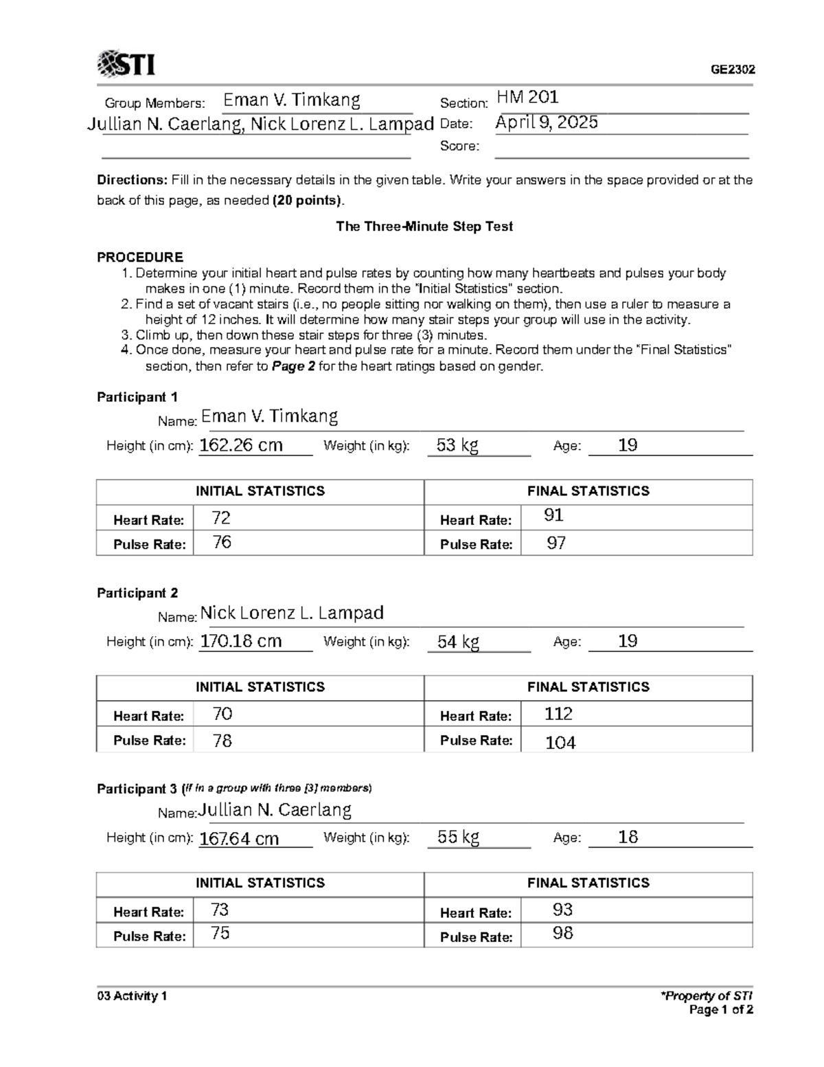 GE2302 Step Test Activity 1 Report - Group Data Collection - Studocu