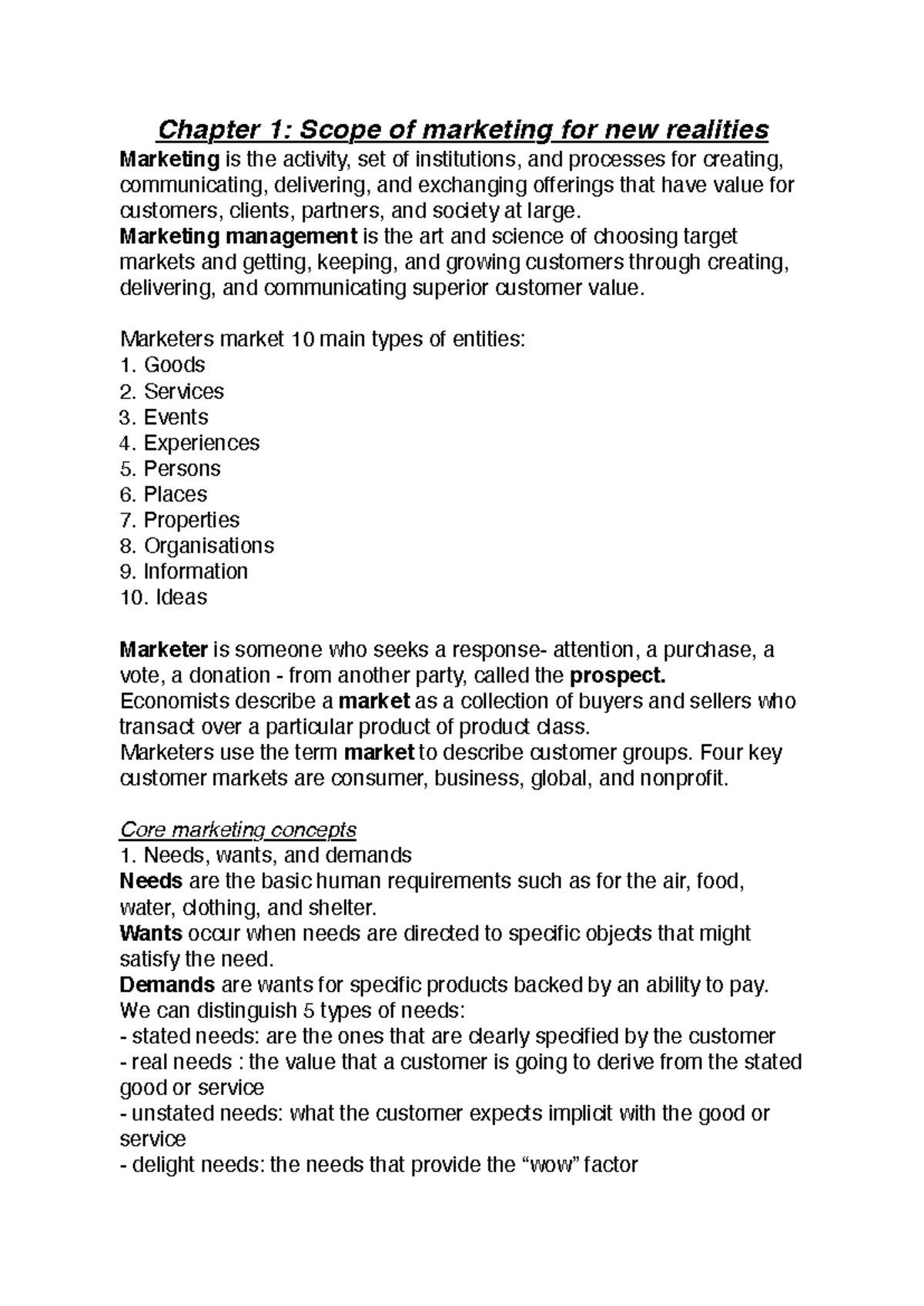Marketing Principles: Chapter 1 Overview and Key Concepts - Studeersnel