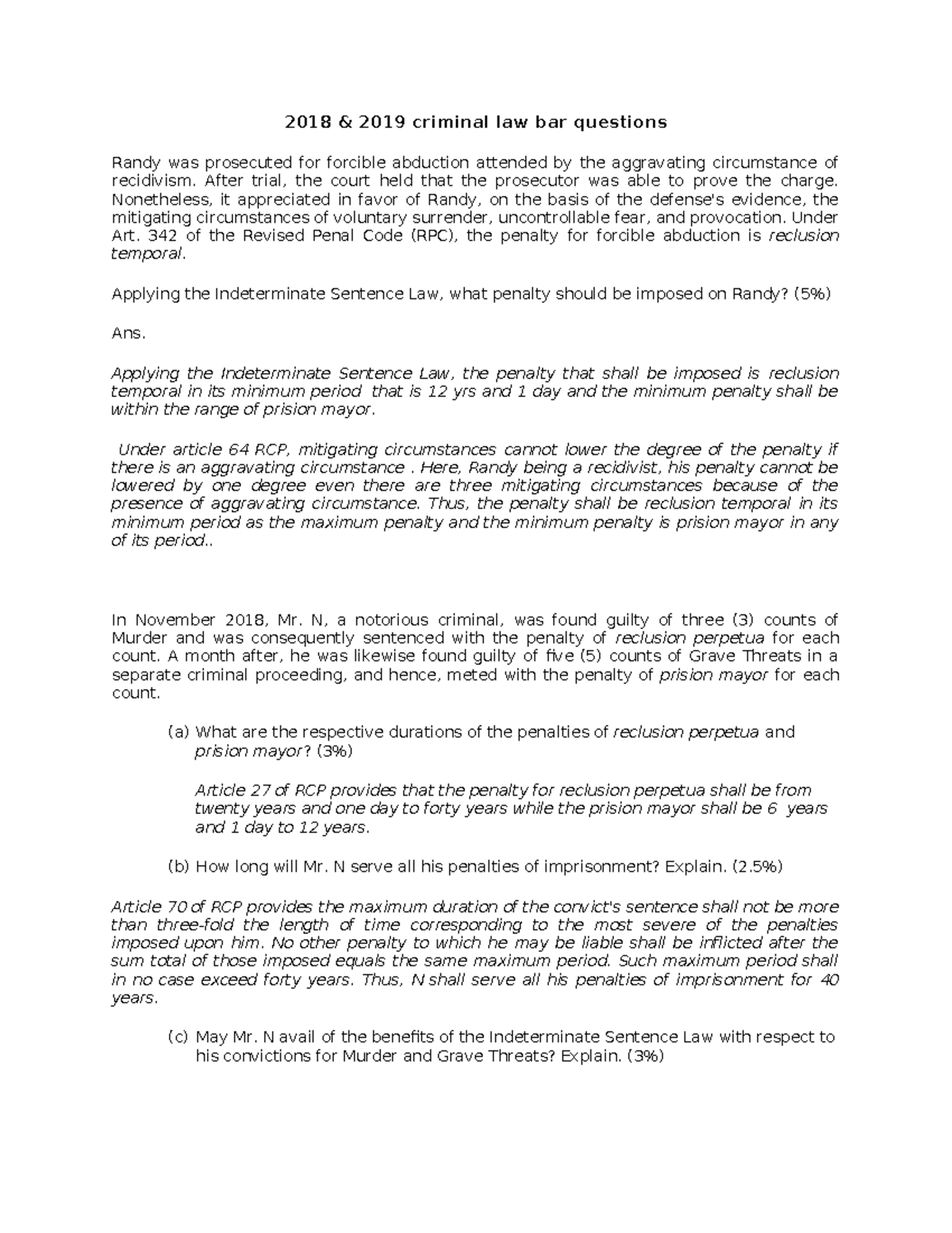Criminal Law Bar Exam Questions 2018-2019: Key Cases & Penalties - Studocu