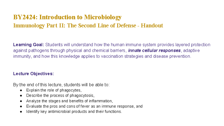 2424: Immunology Part II Handout - The Second Line of Defense - Studocu