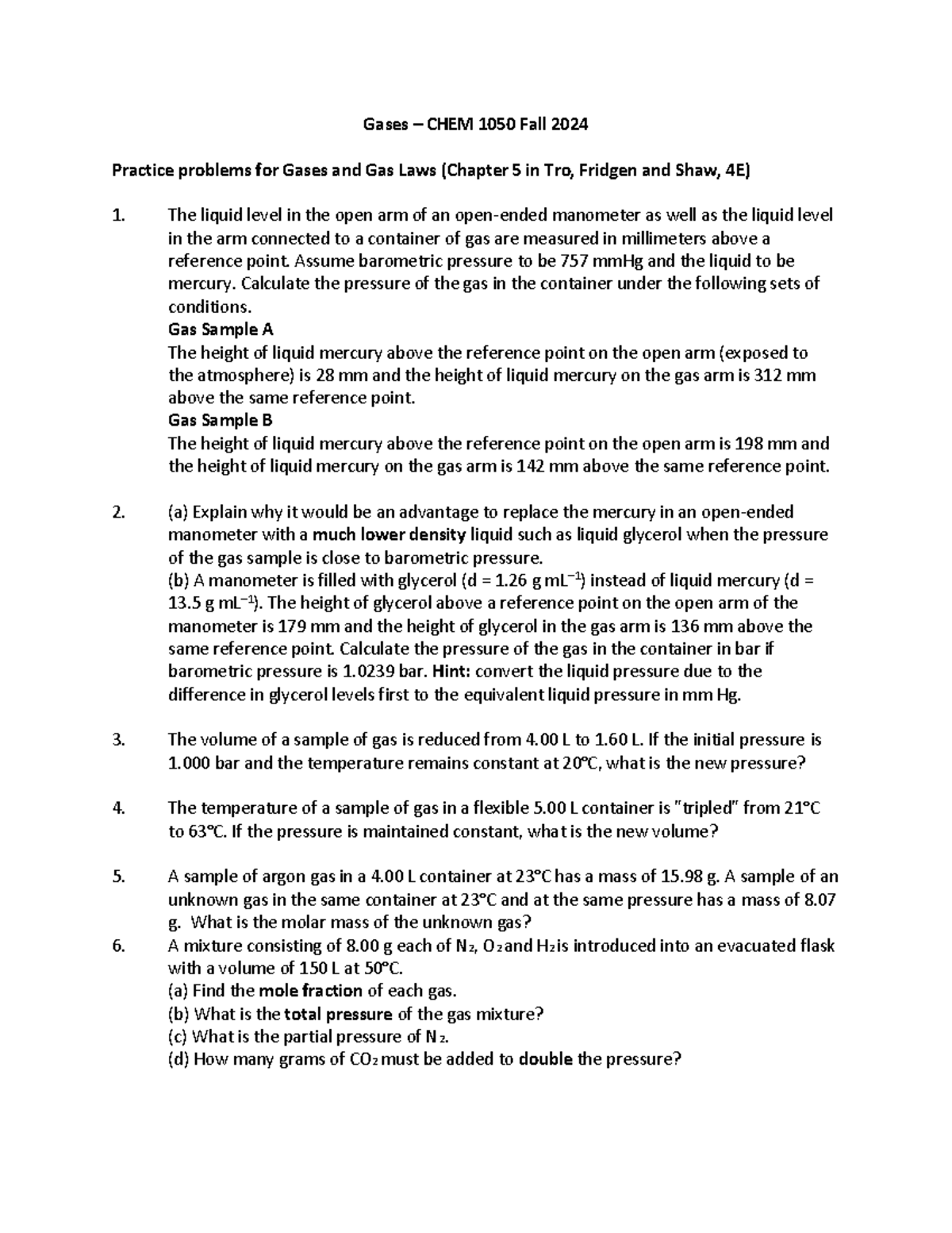 Chapter 5 - Gas Laws Practice Problems and Solutions - CHEM 1050 - Studocu