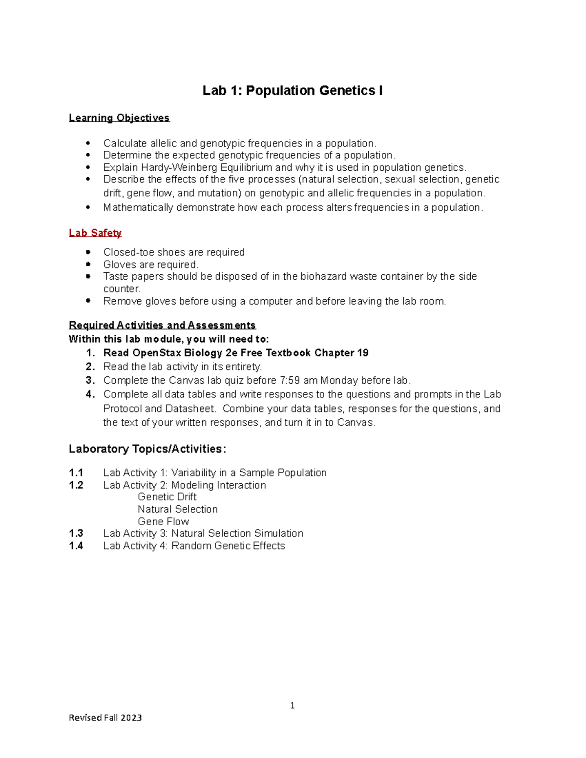 Pop Gen I Protocoland Datasheet - Lab 1: Population Genetics I Learning Objectives Calculate ...