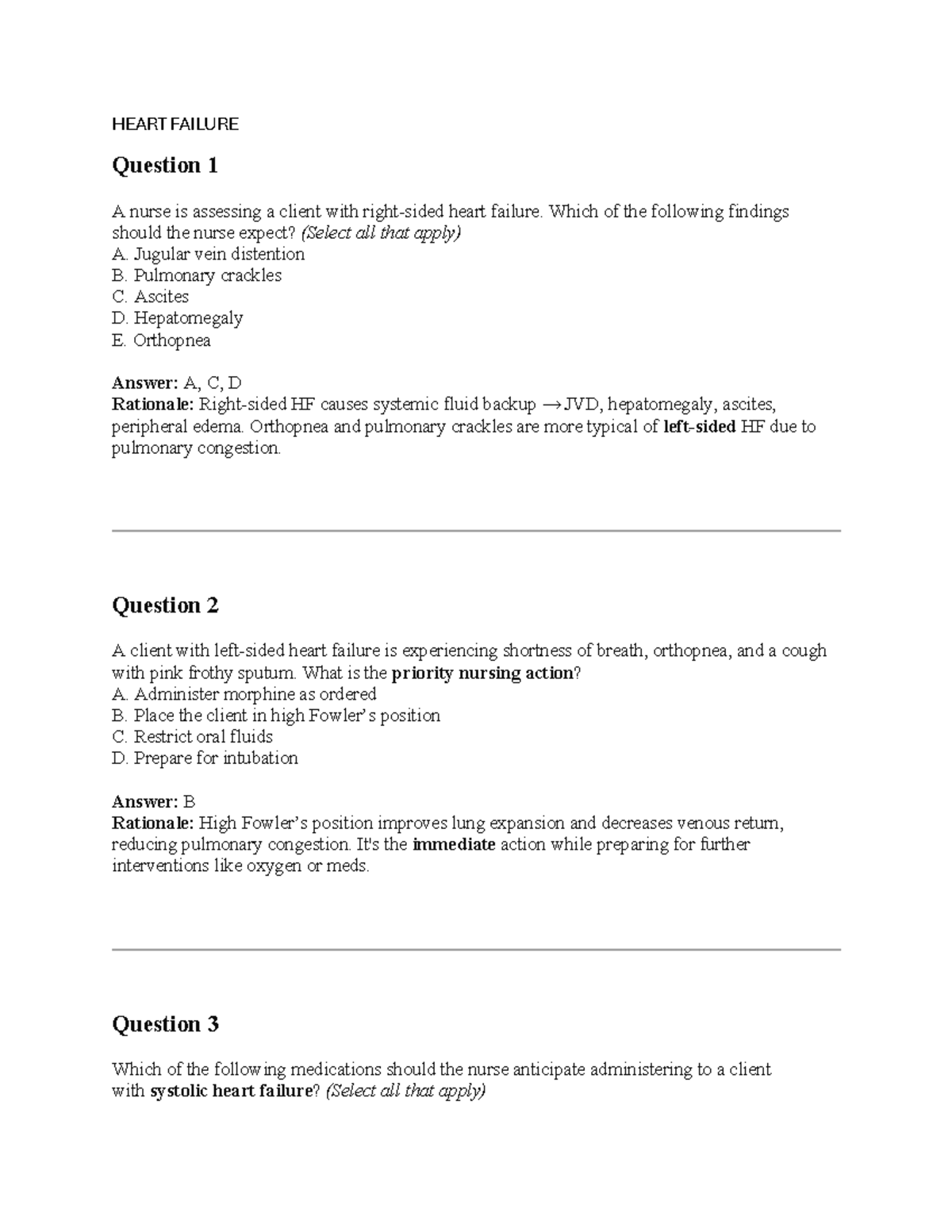 Heart Failure Practice Questions (Week 5) - NCLEX Review - Studocu