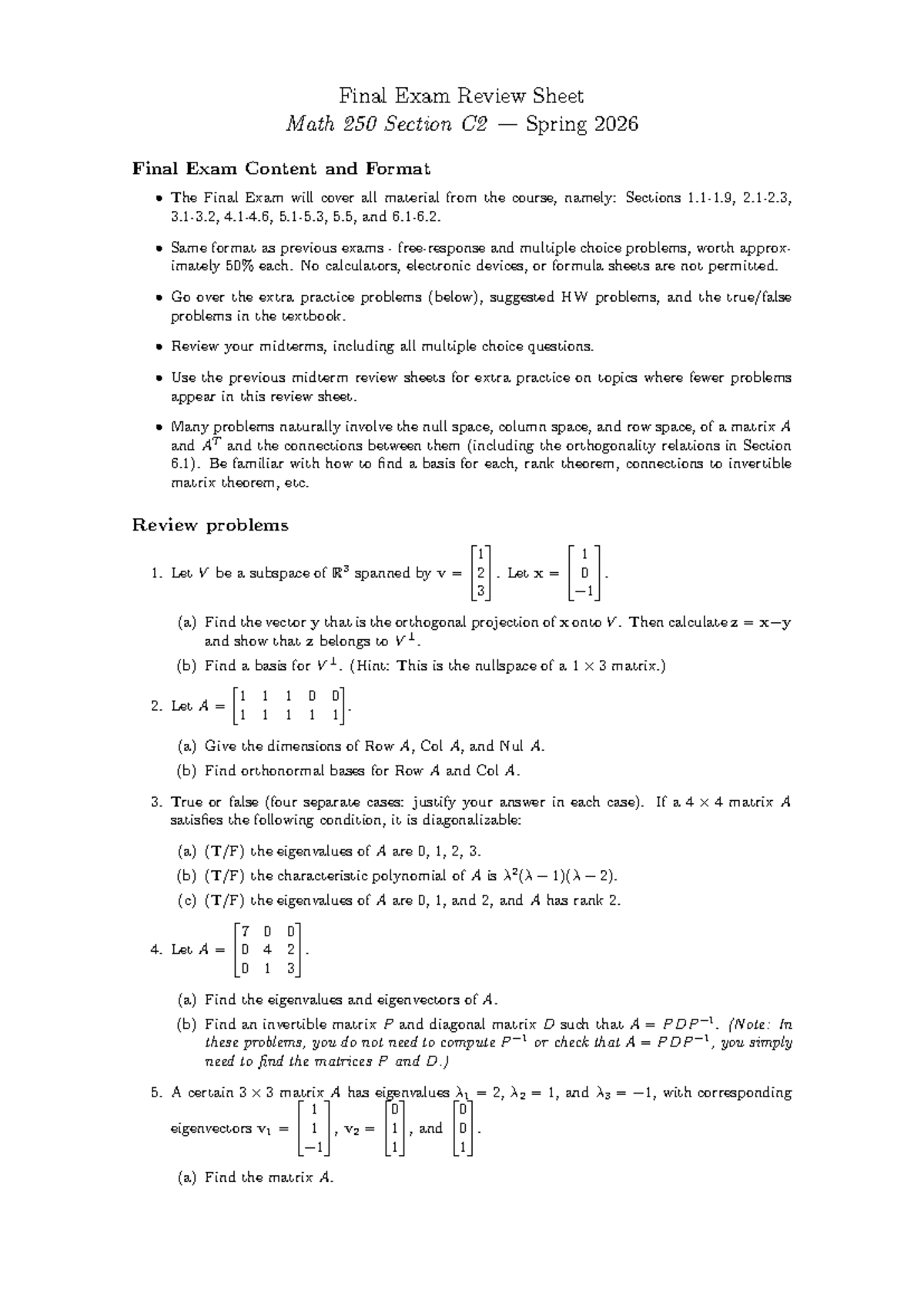 Final Exam Review Sheet for Math 250 - Spring 2026 - Studocu