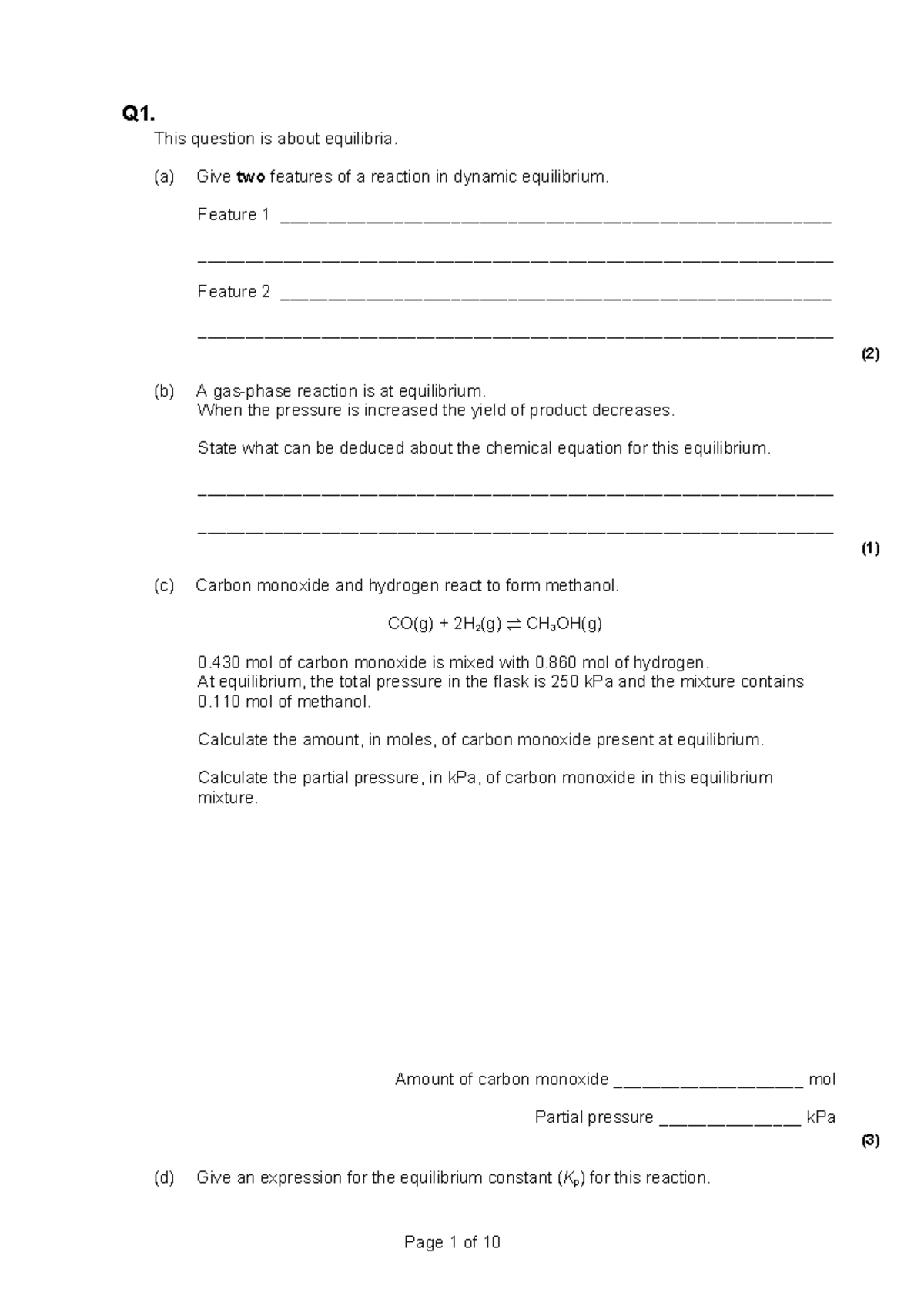 A2 3.1.10 KP Exam Questions: Equilibrium Reactions and Calculations ...