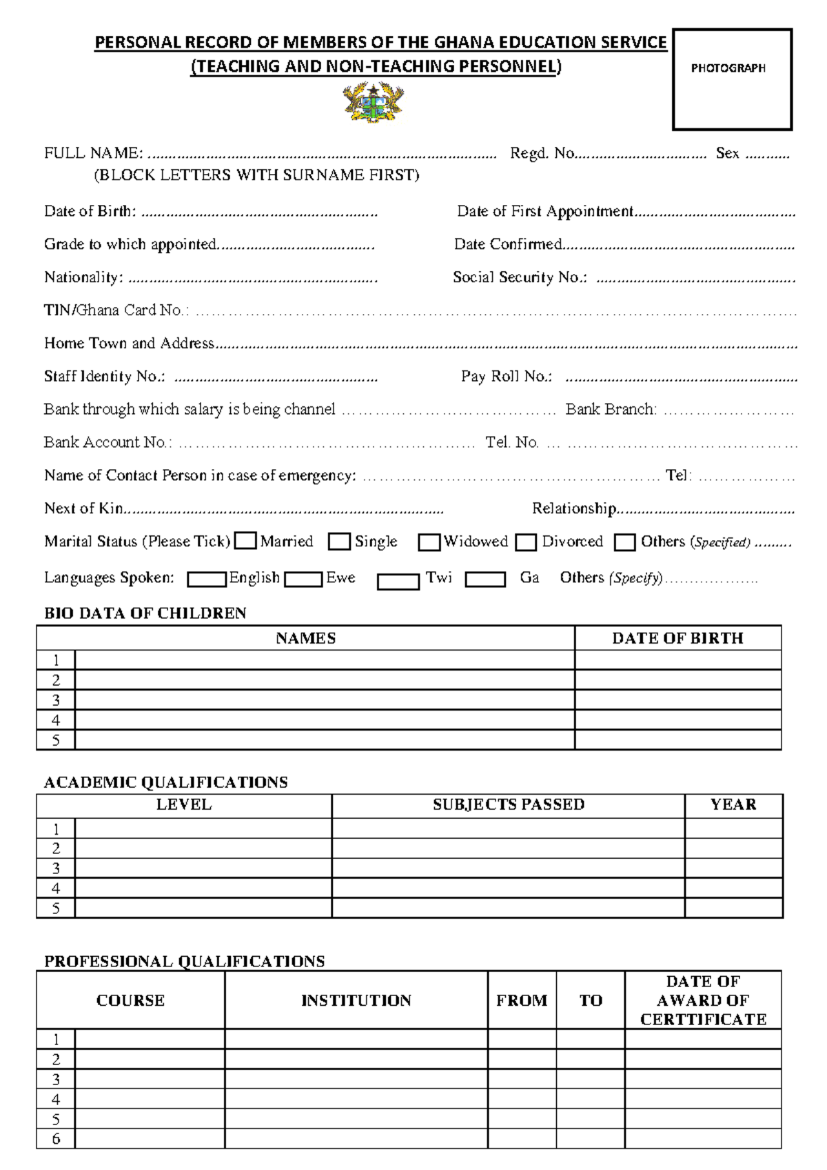 Updated Personal Record Form for Ghana Education Service Members - Studocu