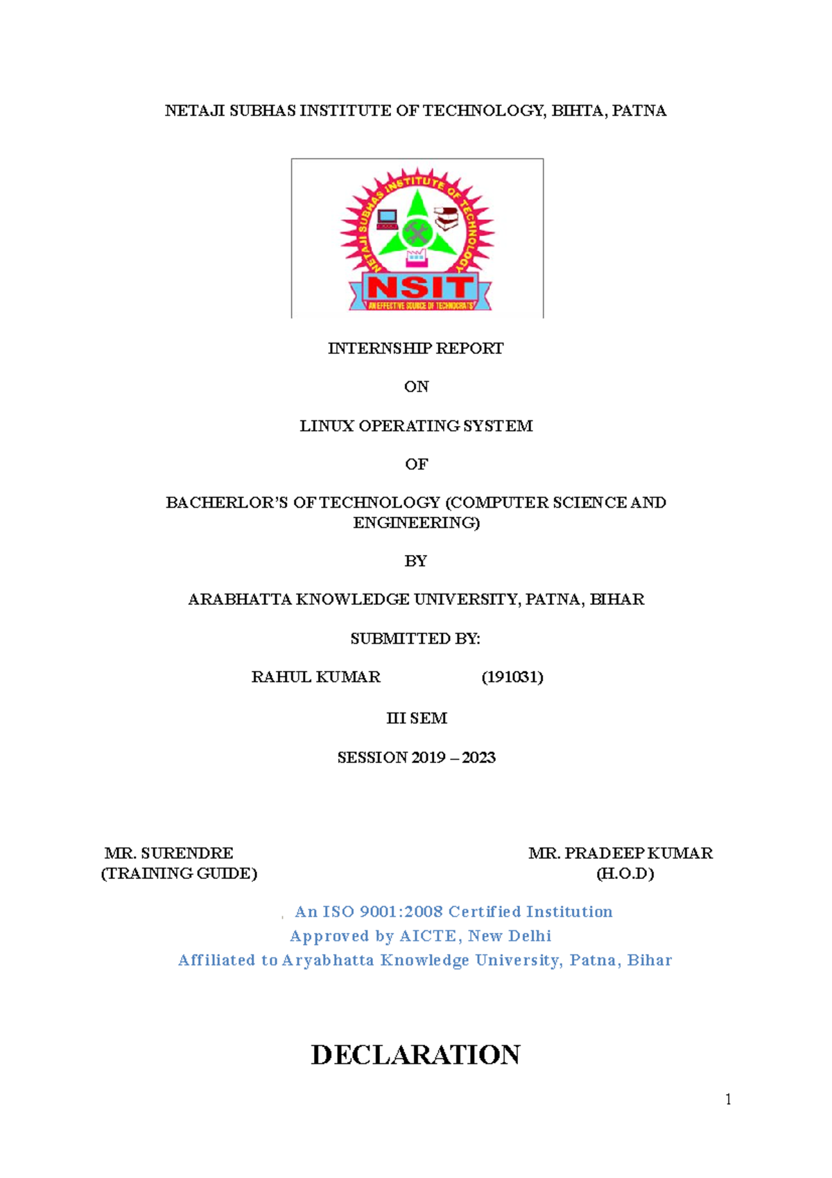 Internship Report on Linux OS - Rahul (B.Tech CSE, 3rd Sem) - Studocu