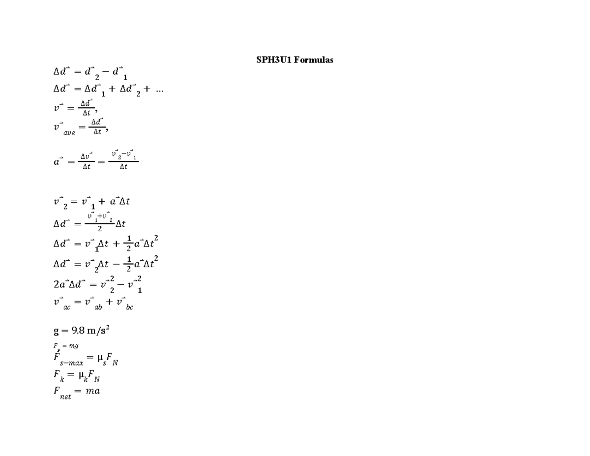 SPH3U1 Physics 11 Formula Sheet for Exam Preparation - Studocu