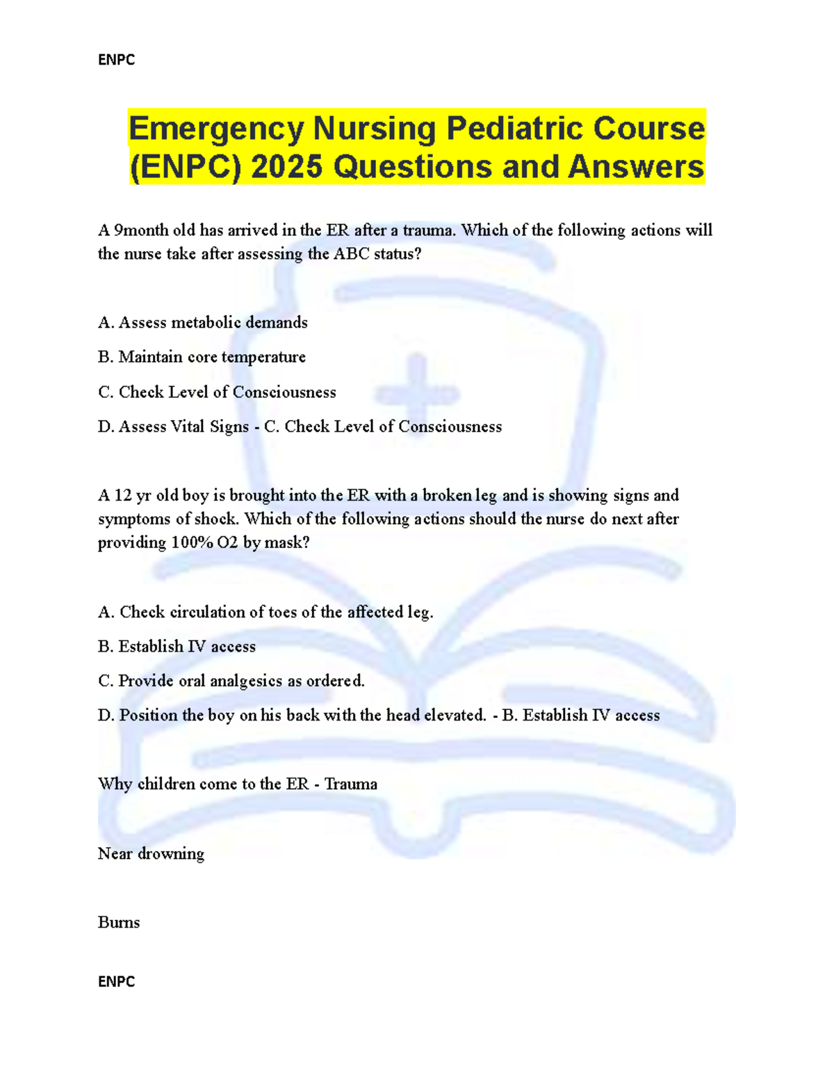 ENPC Emergency Nursing Pediatric Course 2025 Study Guide and Q&A - Studocu