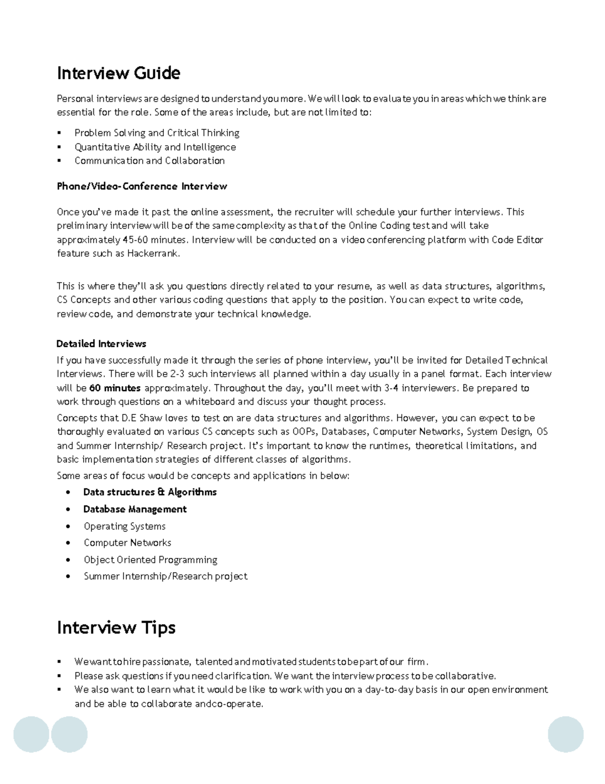 Interview Guide for Fresh Graduates SDE - Intervi ew GUi de Personal ...