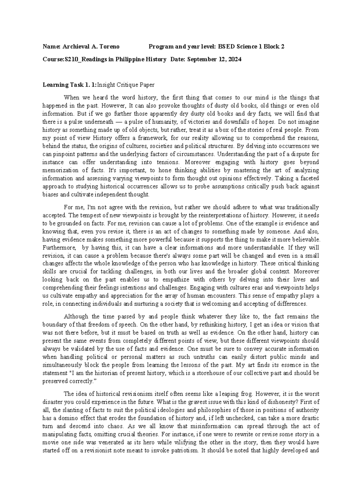 Historical Revisionism - Name: Archieval A. Toreno Program and year level: BSED Science 1 Block ...