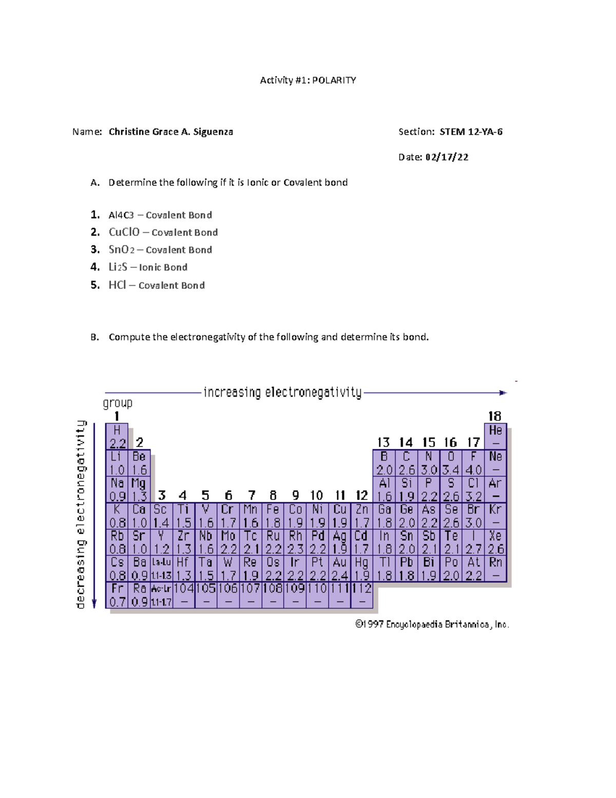 Activity 1- Polarity - Activity #1: POLARITY Name: Christine Grace A ...