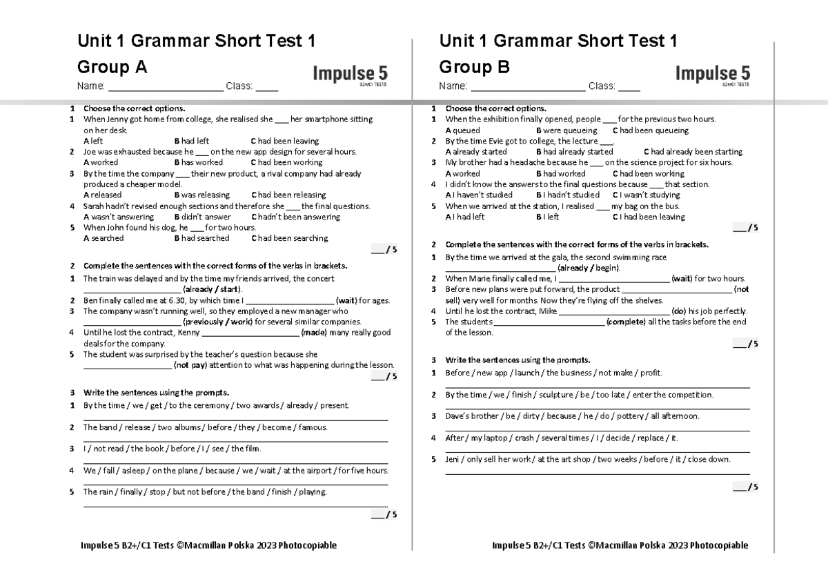 Unit 1 Grammar Short Test 1 A & B - Practice Questions - Studocu