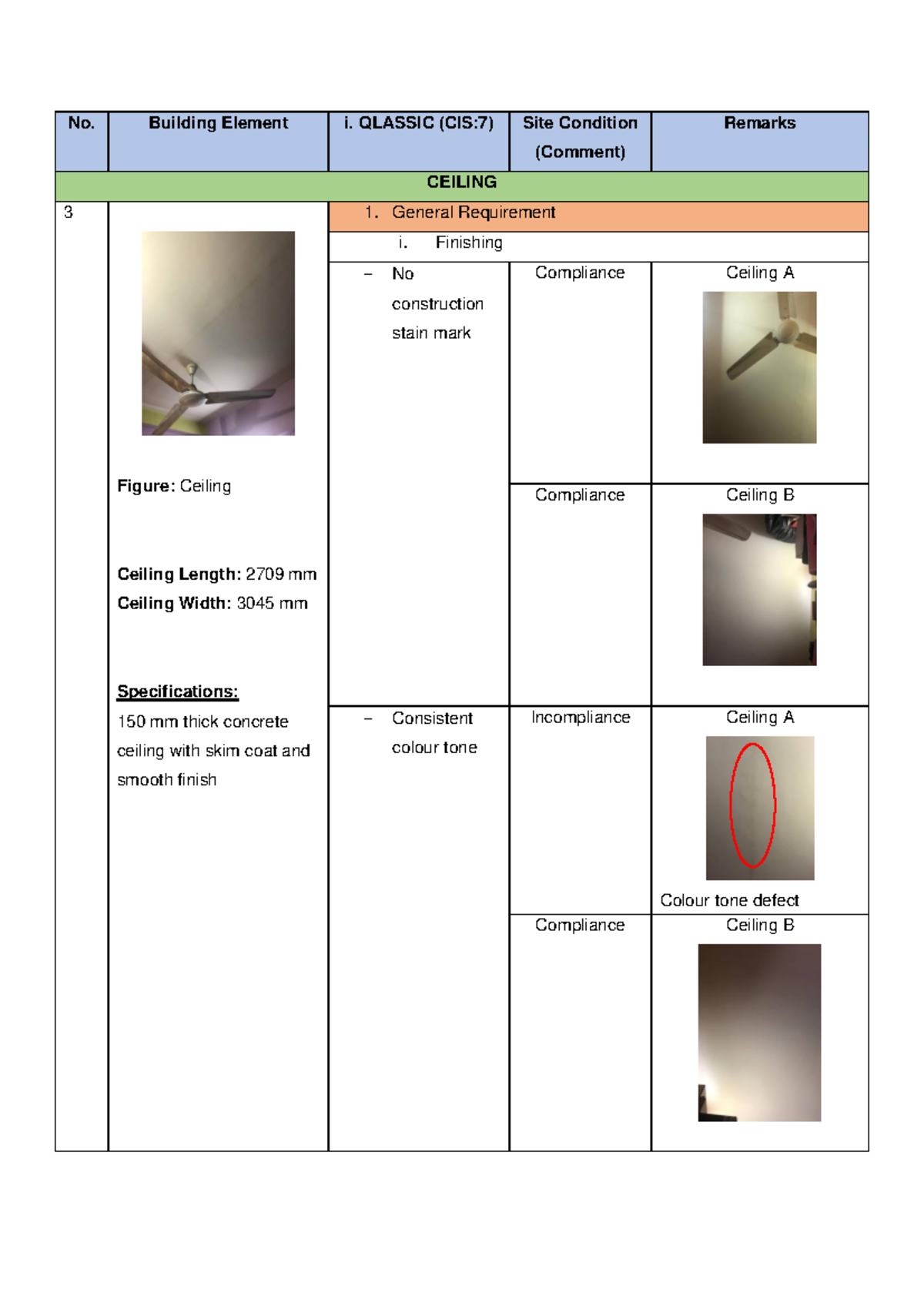 Ceiling inspection for ceiling - No. Building Element i. QLASSIC (CIS:7 ...