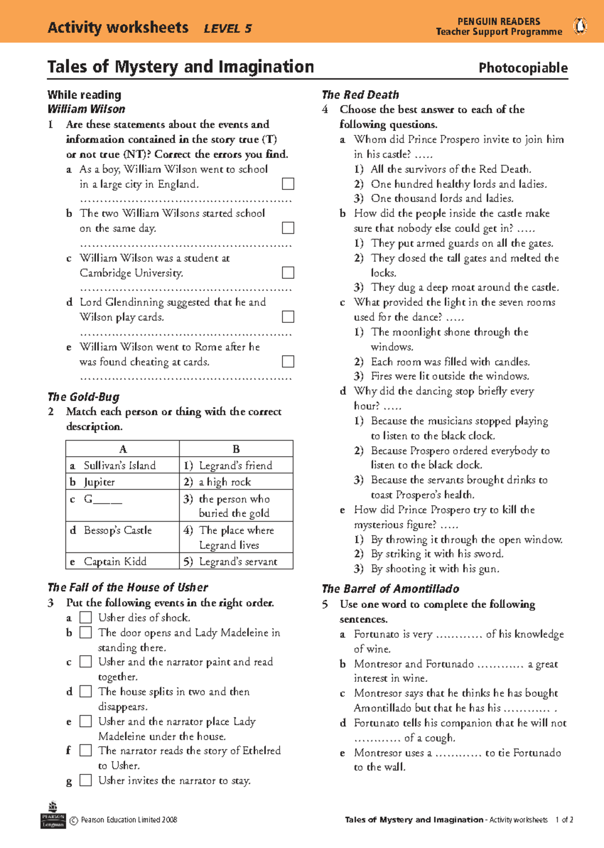 Activity Worksheets for LEVEL 5: Tales of Mystery and Imagination - Studocu