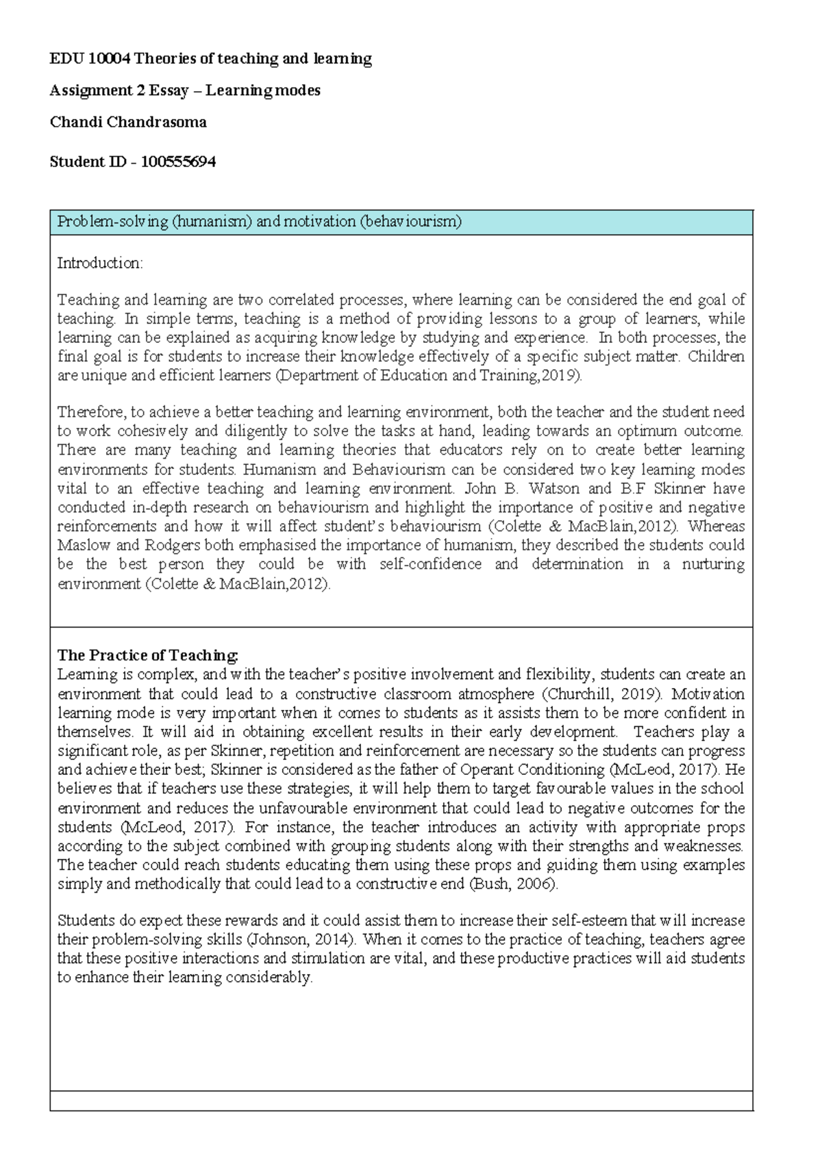 EDU 40008 - Assignment 2: Theories of Teaching & Learning Modes - Studocu