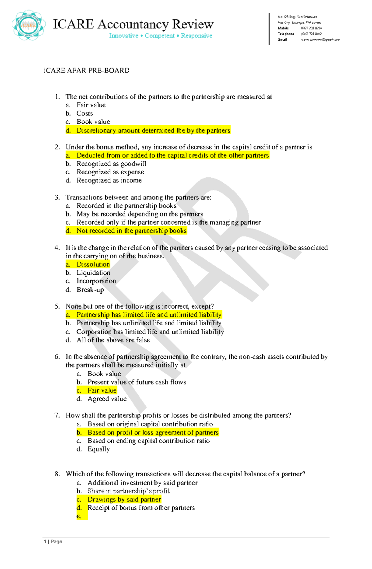 AFAR 1st Pre-Board Exam Questions and Answers - Studocu