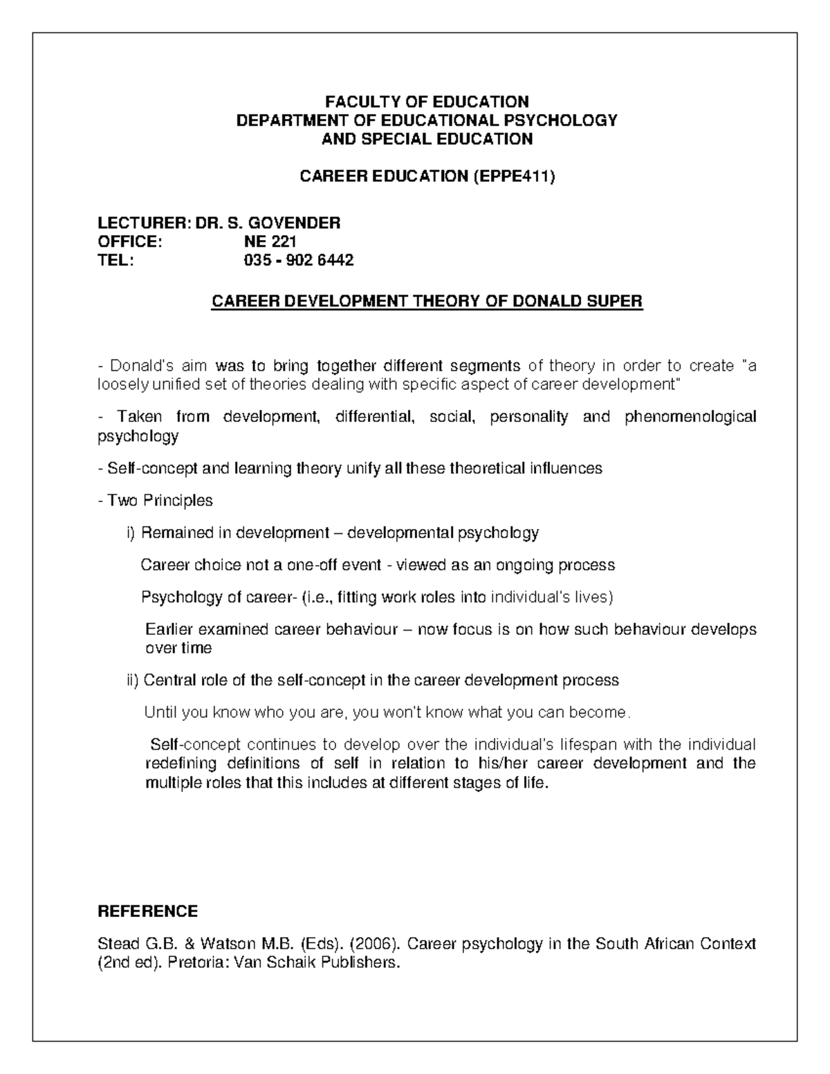 EPPE411 Chapter 5: Donald Super's Career Development Theory Insights ...