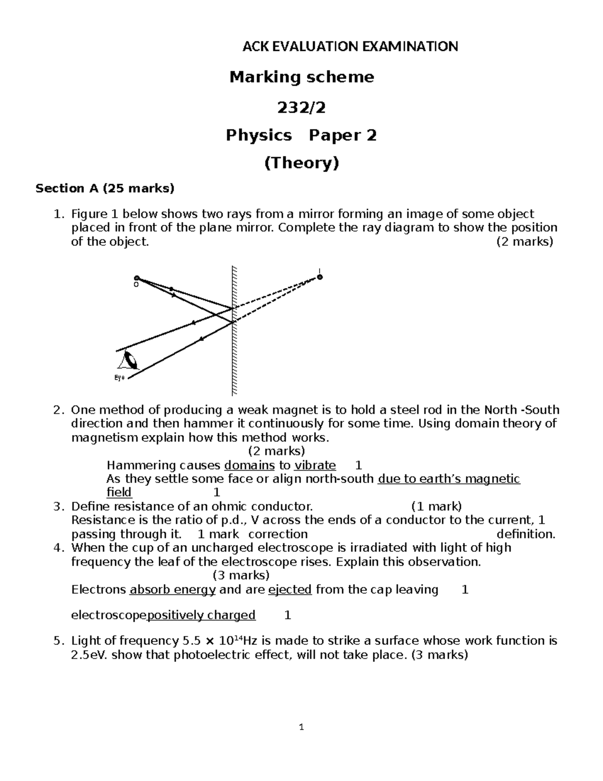 ACK Physics Paper 2 Marking Scheme - KCSE Exam Evaluation - Studocu