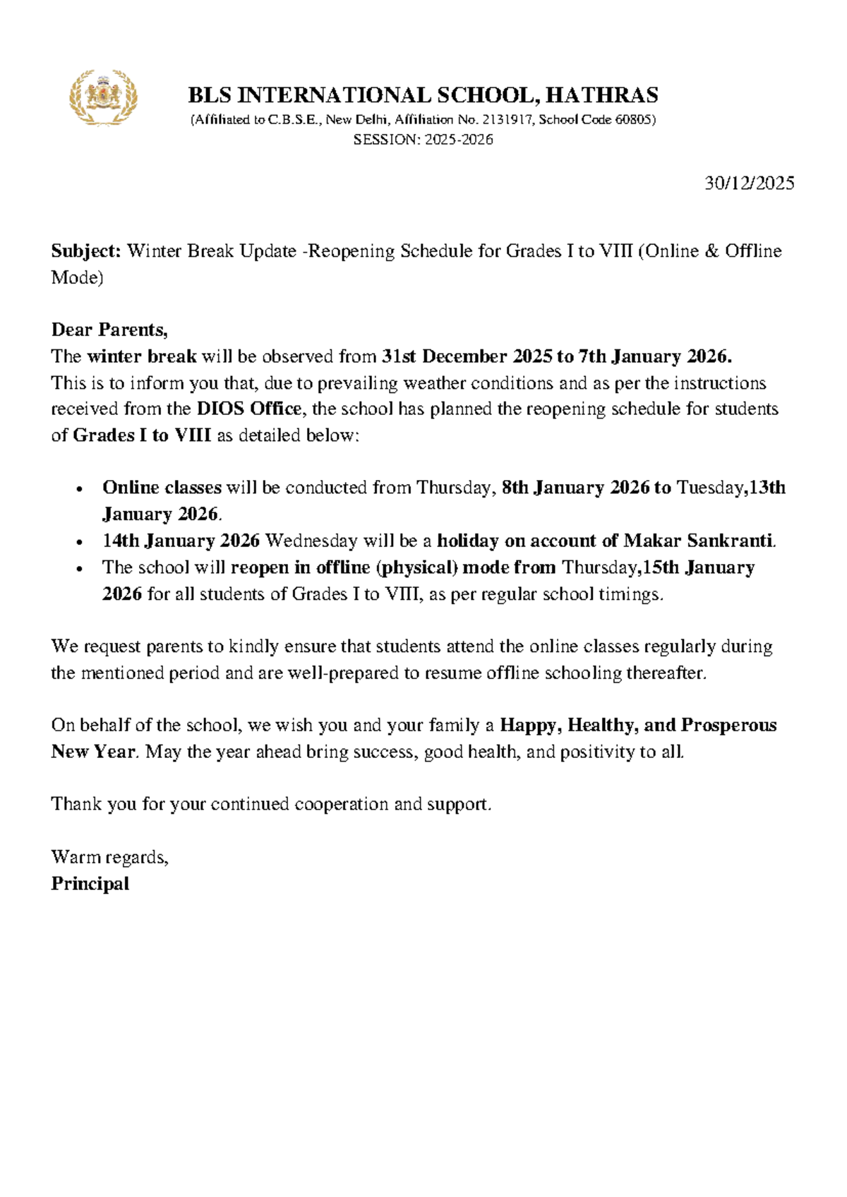 BLS INTERNATIONAL SCHOOL Winter Break Schedule for Grades I-VIII - Studocu