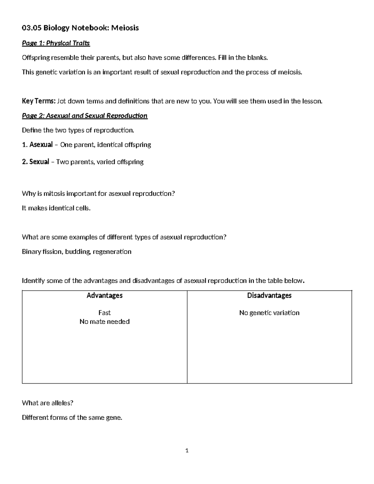 03.05 Biology Guided Notes: Understanding Meiosis and Reproduction ...