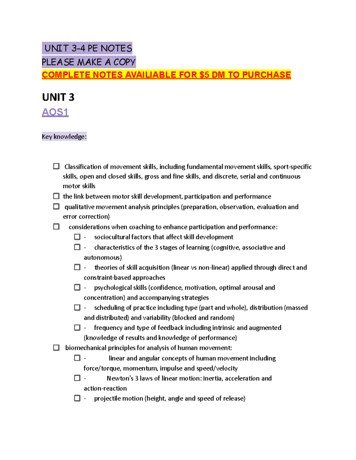 PE UNIT 3 AOS1 & AOS2 Notes: Movement Skills & Training Principles ...