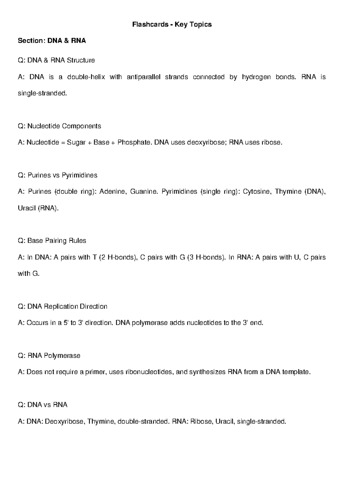 DNA RNA flashcards fixed - Flashcards - Key Topics Section: DNA & RNA Q ...