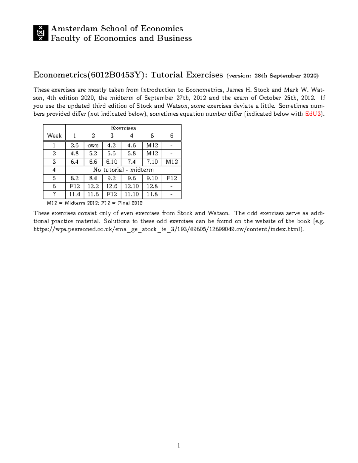 Econometrics (6012B0453Y): Tutorial Exercises & Midterm Review ...
