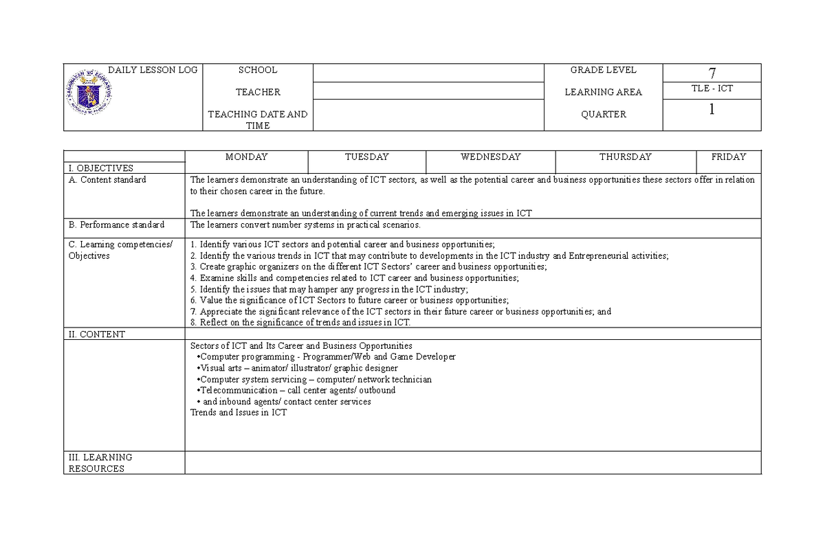 DLL IN TLE ICT 7 Q1 WEEK 1: Lesson Plans & Objectives - Studocu