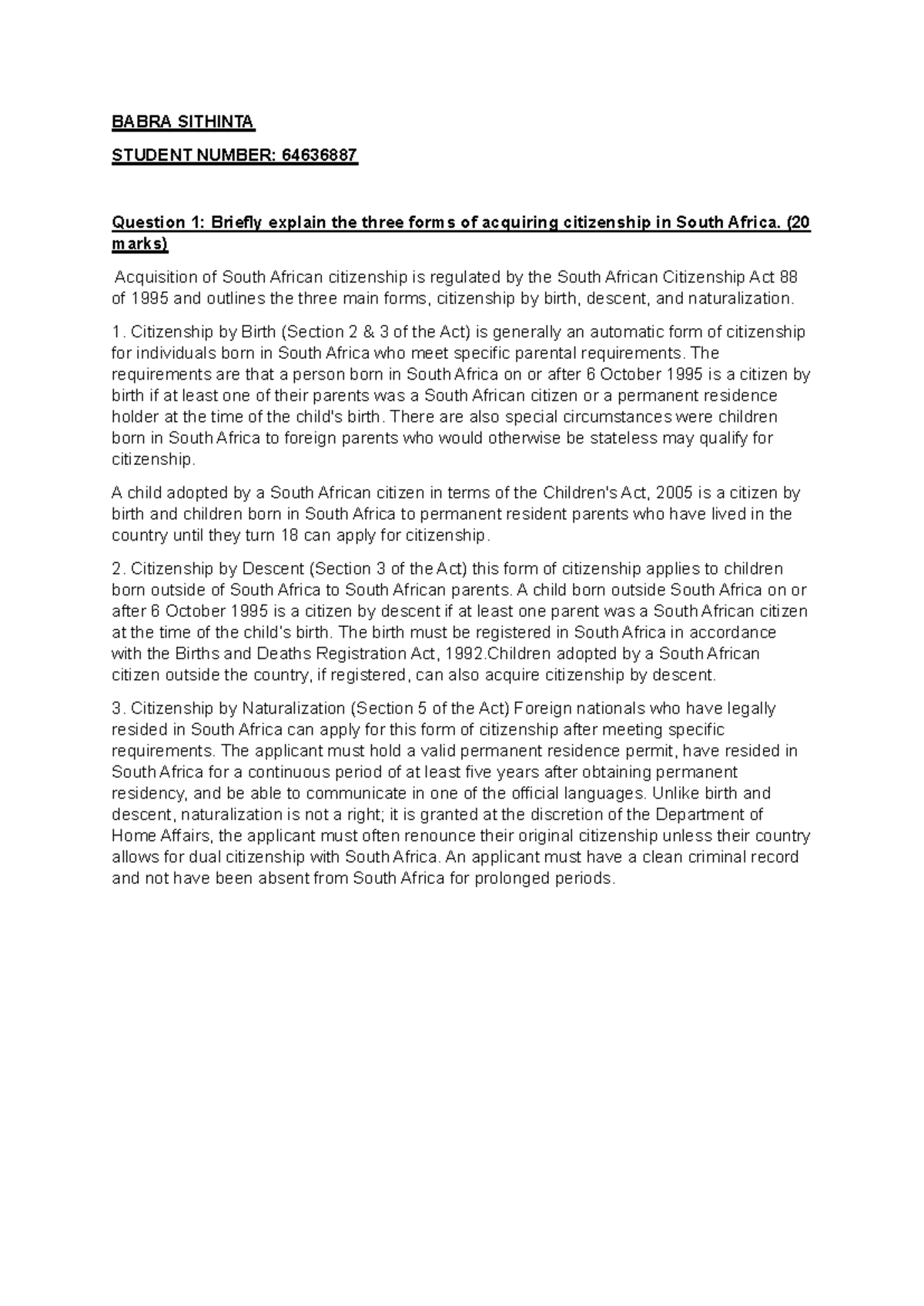 Assignment - Tutorial Letter on Citizenship in South Africa (Course ...