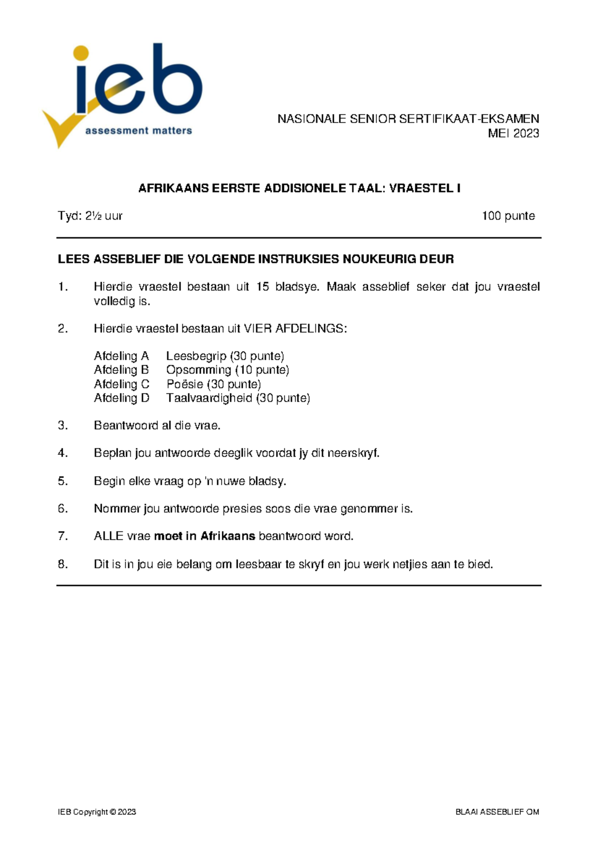 NSC AFRIKAANS EERSTE ADDISIONELE TAAL: VRAESTEL I MEI 2023 - Studocu