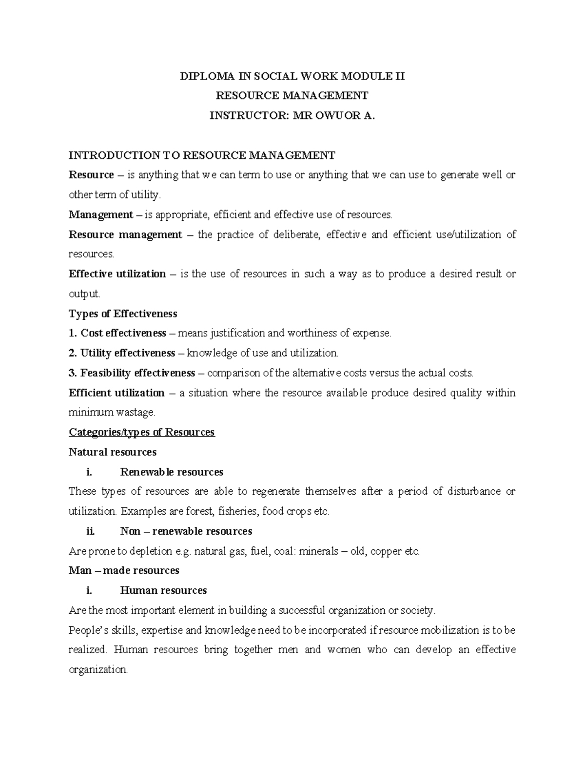 Resource Management Notes - Diploma in Social Work (Module II) - Studocu