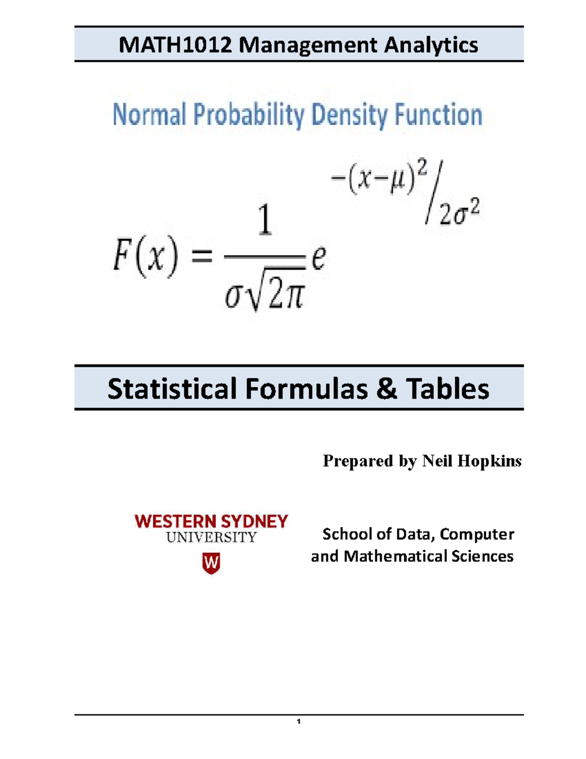 MATH1012 Management Analytics Formula Sheet for 2025 Exam - Studocu