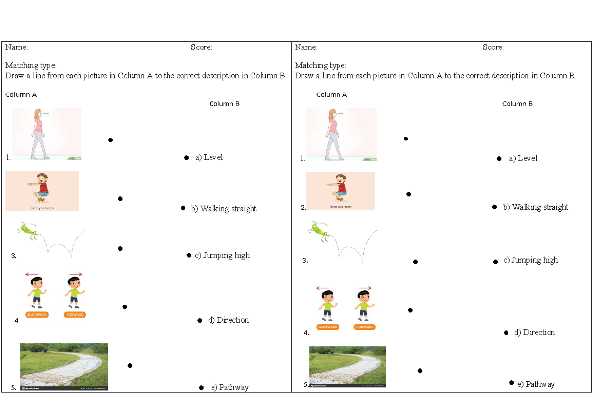 Matching type2 - Name: Score: Matching type: Draw a line from each ...