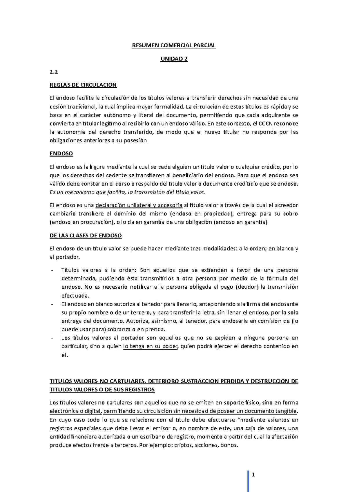 Resumen Parcial Unidad 2: Reglas de Circulación y Endoso - Studocu