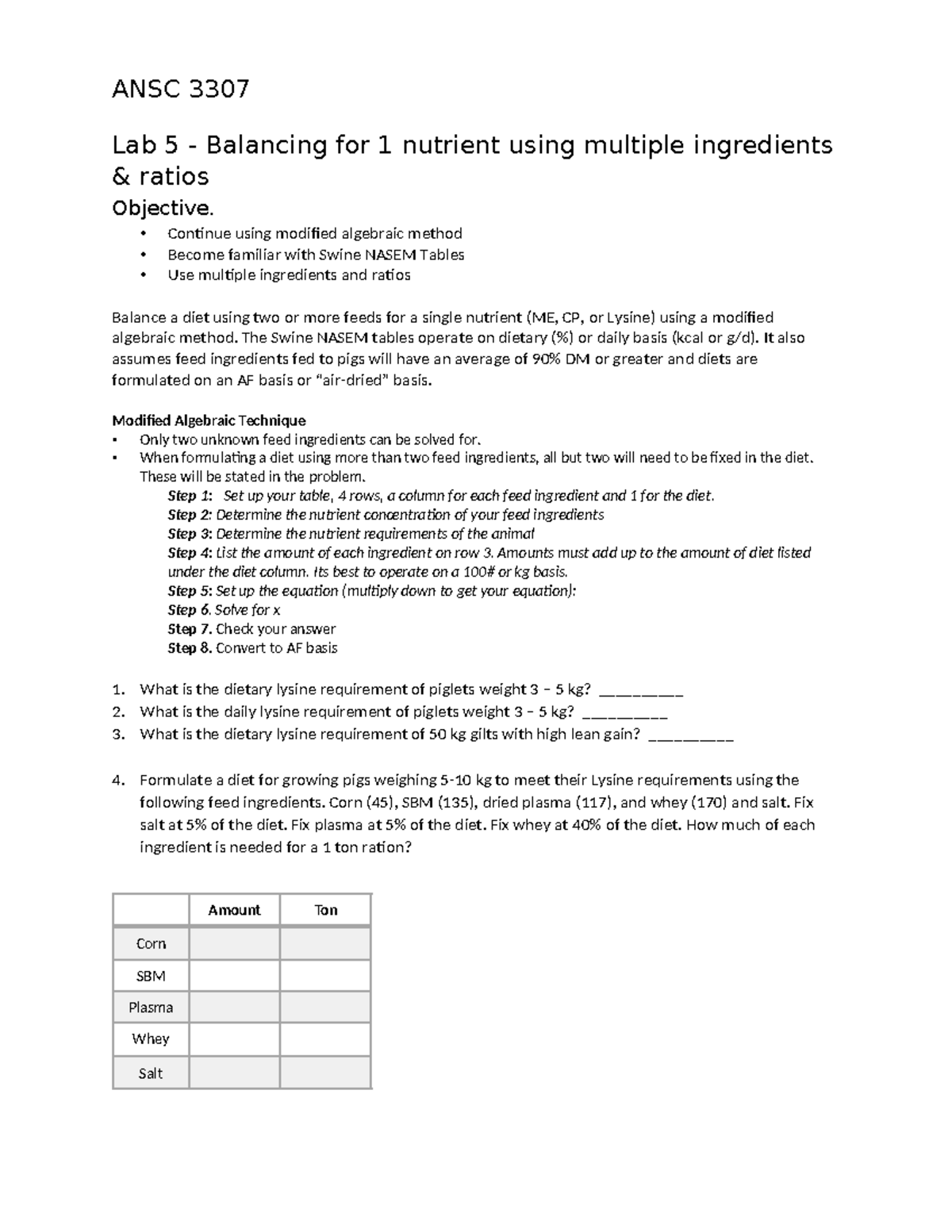 Lab 5 Handout - Nutrient Balancing Using Multiple Ingredients (ANSC ...