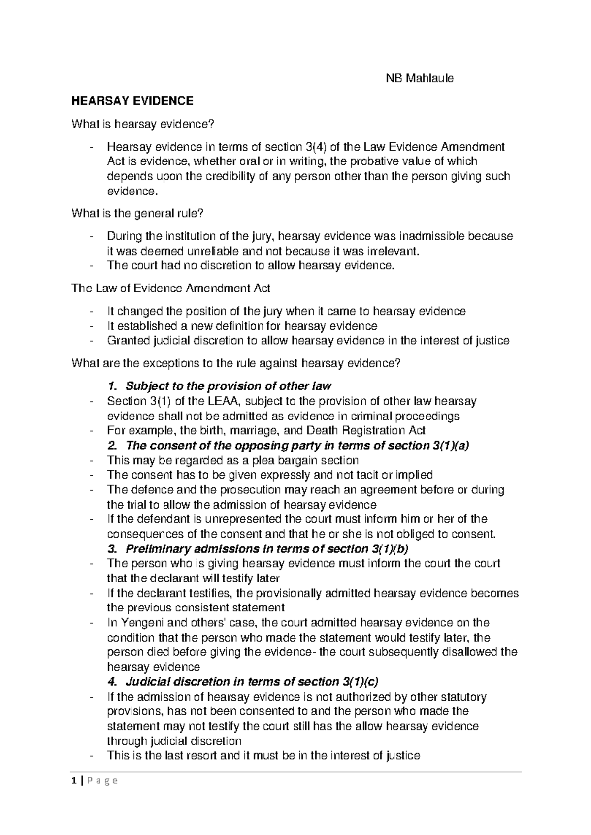 Hearsay Evidence in the Law of Evidence - Detailed Analysis - Studocu